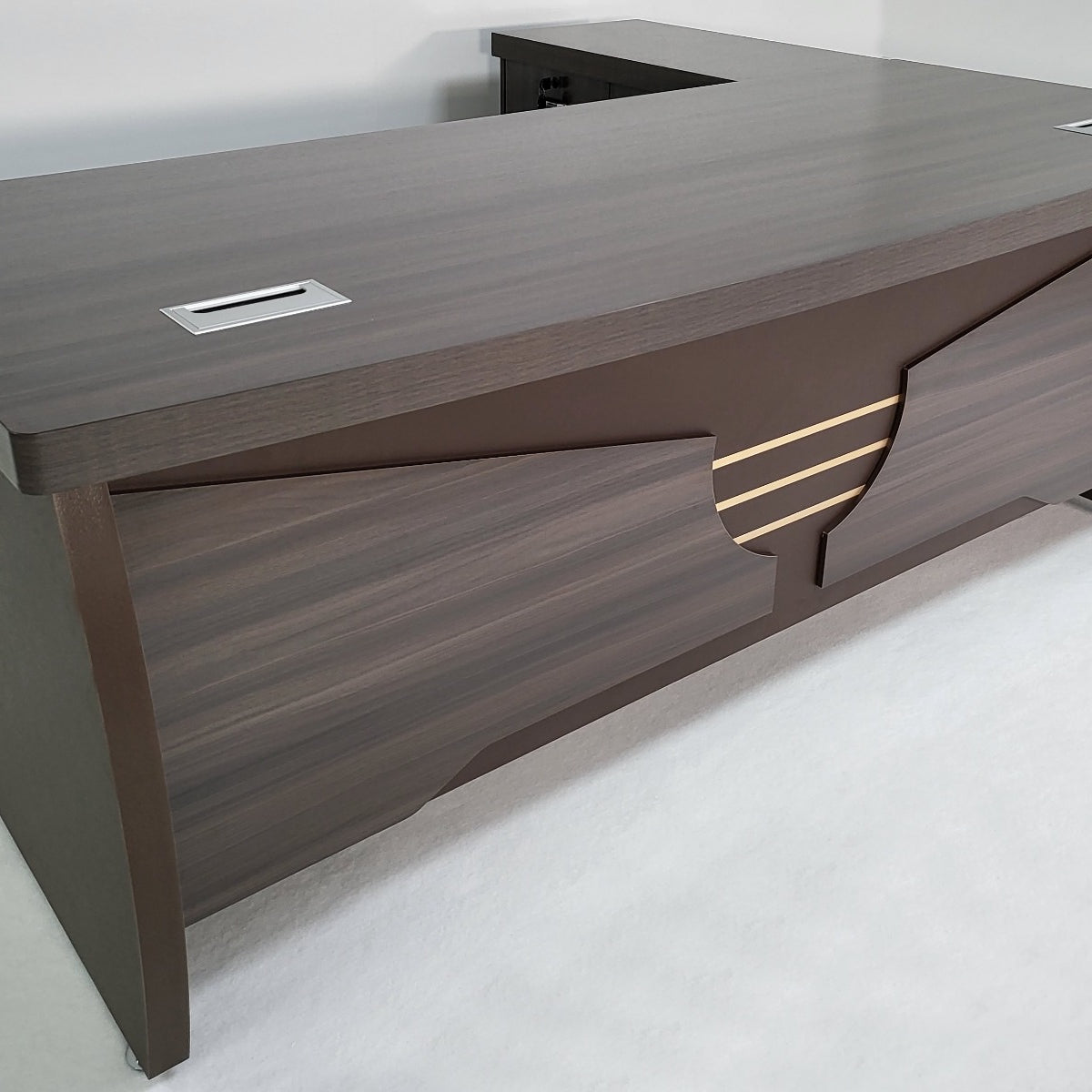 Modern Grey Oak Executive Office Desk with Pedestal and Desk Level Sid ...