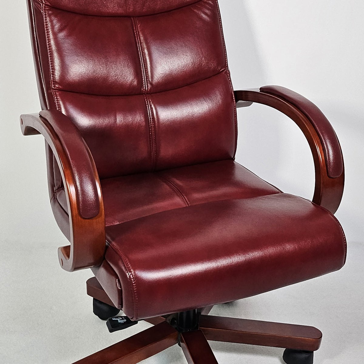 Genuine Burgundy Leather Executive Office Chair with Curved Walnut Arm ...