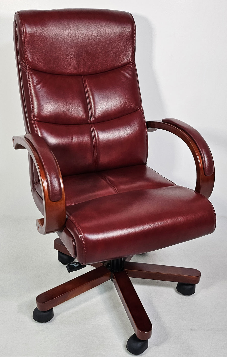 Genuine Burgundy Leather Executive Office Chair with Curved Walnut Arm ...