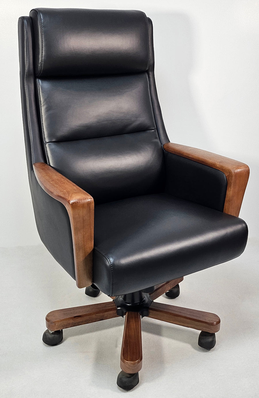 Black Genuine Leather Executive Office Chair with Real Wood Veneer Arm ...
