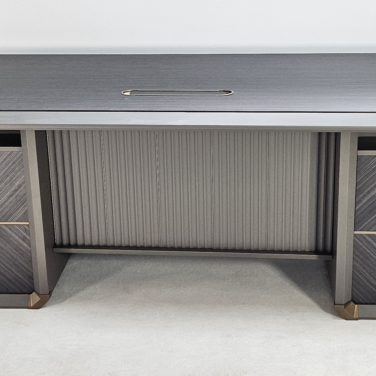 Modern Grey Oak Straight Office Desk with Herringbone Detailing and Bu ...