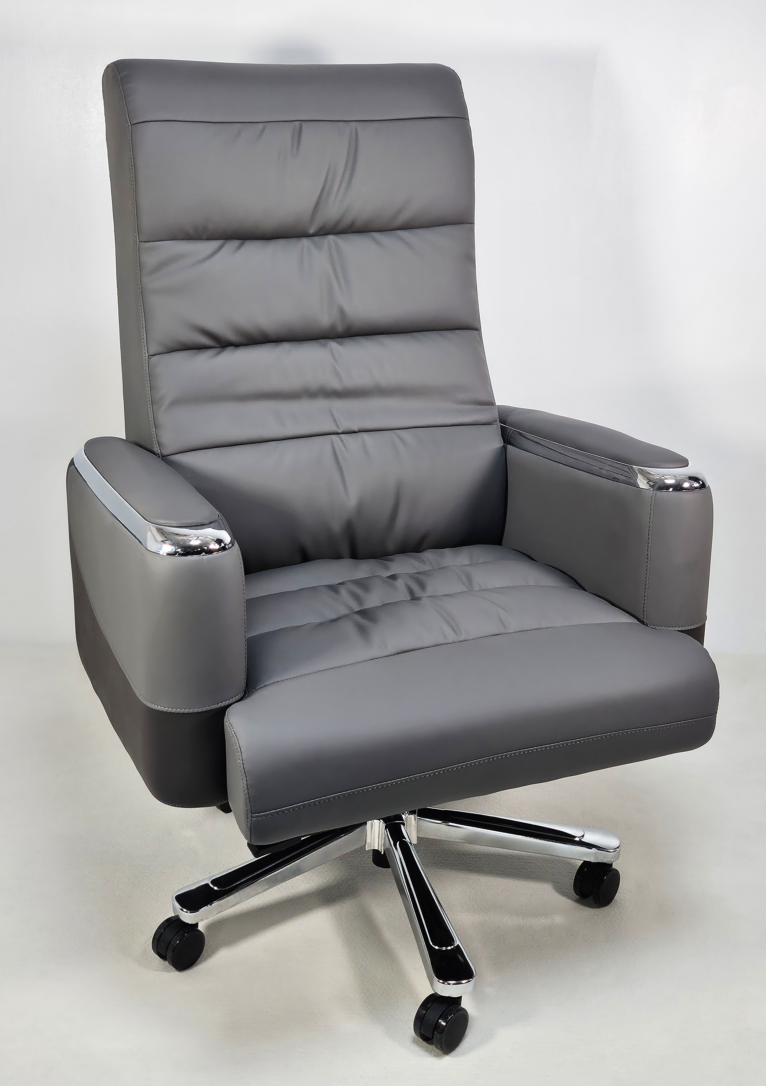 Two-Tone Grey & Brown Leather with Chrome Trimmed Arms High Back Execu ...