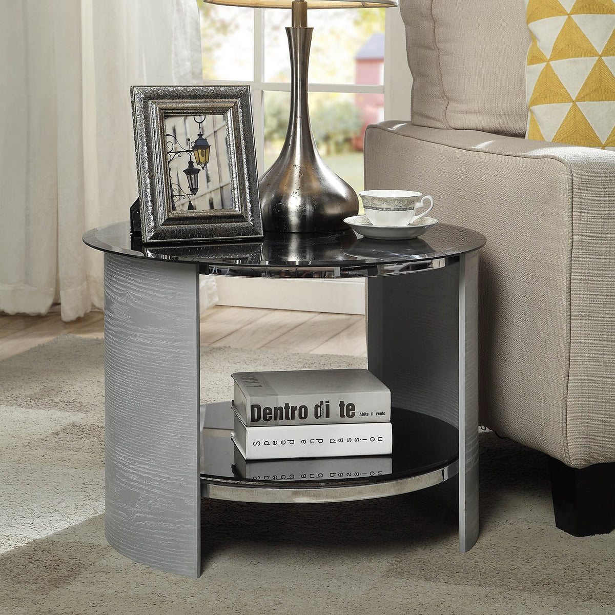 Round Black Glass Lamp / Side Table with Grey Veneer - 610mm - JF303 ...