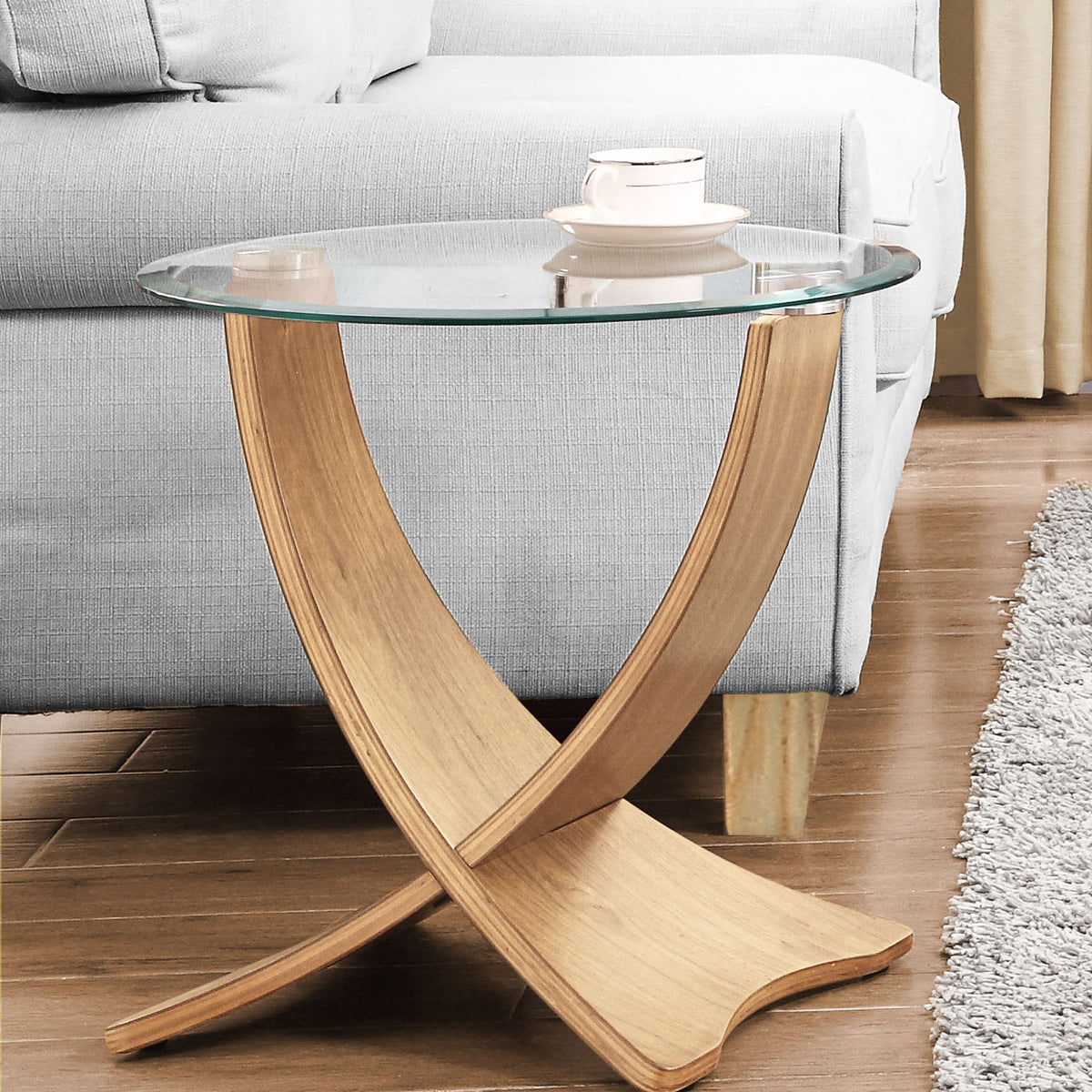Round Clear Glass Lamp / Side Table with Oak Veneer - 500mm - JF309 ...