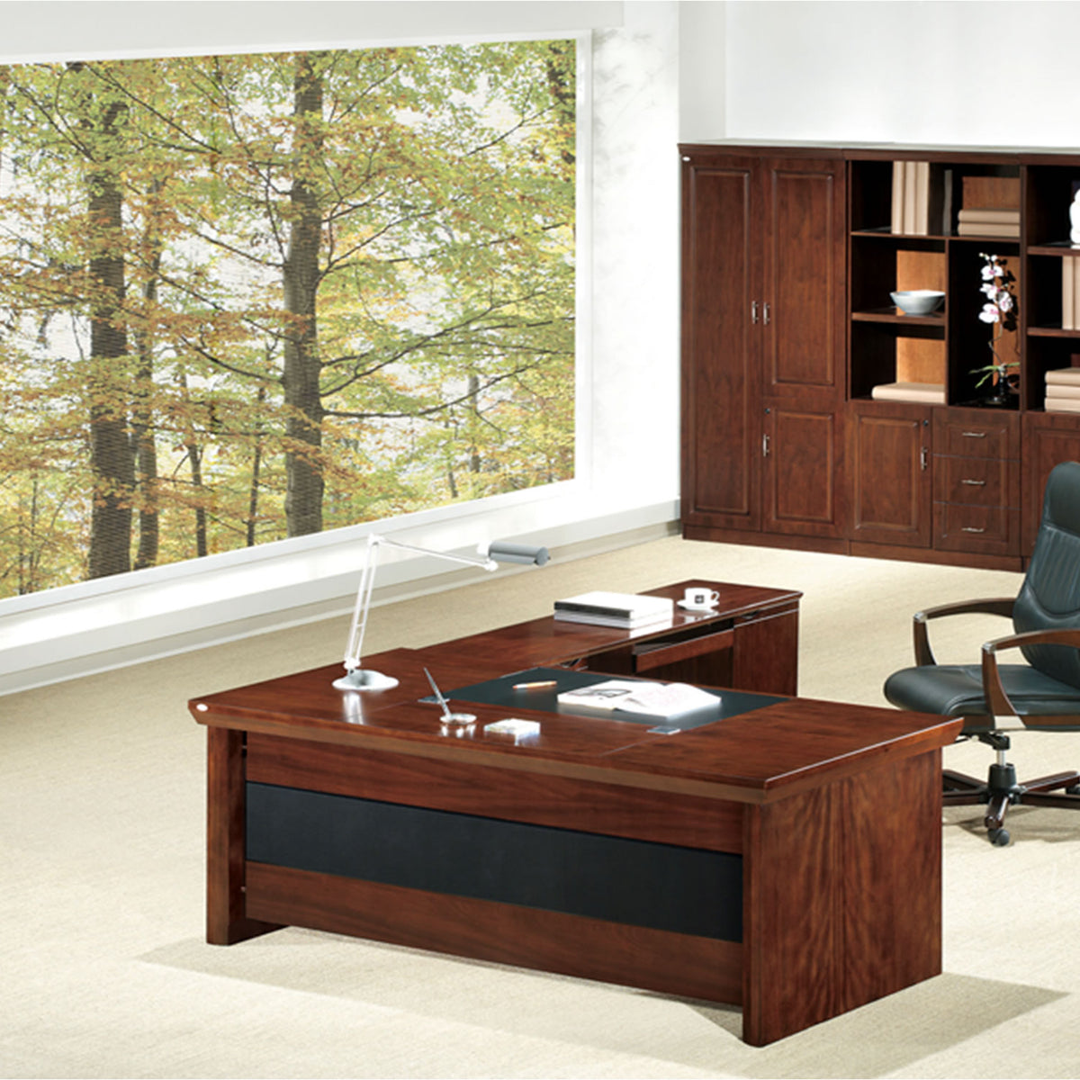 Real Walnut Veneer Executive Office Desk With Pedestal & Return ...